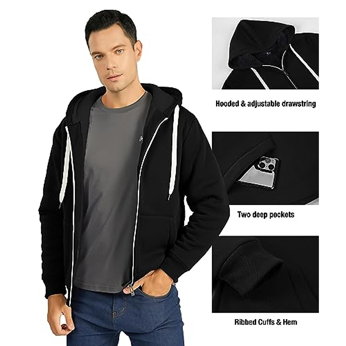 JACKETOWN Athletic Hoodies for Men Heavy Zip Up Sweatshirt Sherpa Fleece Jacket Winter Warmth Coat, 004Black, XL