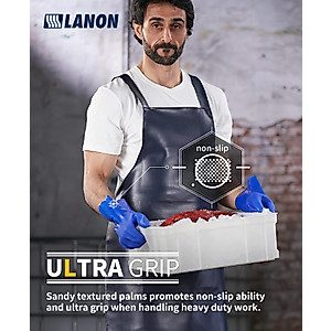 LANON PVC Chemical Resistant Gloves, Heavy-Duty Rubber Gloves, Acid, Alkali and Oil Protection, Non-Slip, Blue, Large