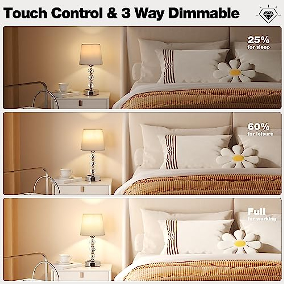 Acaxin Bedside Lamps for Bedrooms Set of 2 Nightstand- Crystal Table Lamps with USB C+A Ports & AC Outlet for Charging, 3 Way Dimmable Touch Silver Small Bed Side Lamp for Living Room/Guest Room