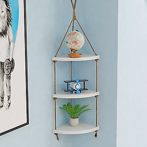 Tirzah 3-Tier Hanging Wall Corner Shelf with Rope, 9 inches White Real Wood Circular Sector Floating Shelf for Home Decor, Kitchen Organizer