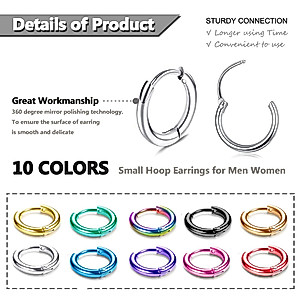 EIELO 10 Pairs Stainless Steel Small Hoop Earrings for Men Women Huggie Earrings Cool Mens Earrings Set Multicolor Huggie Hoop Earrings Piercing Cartilage Helix Lobes Sleeper Hoop Earrings Set 2mm