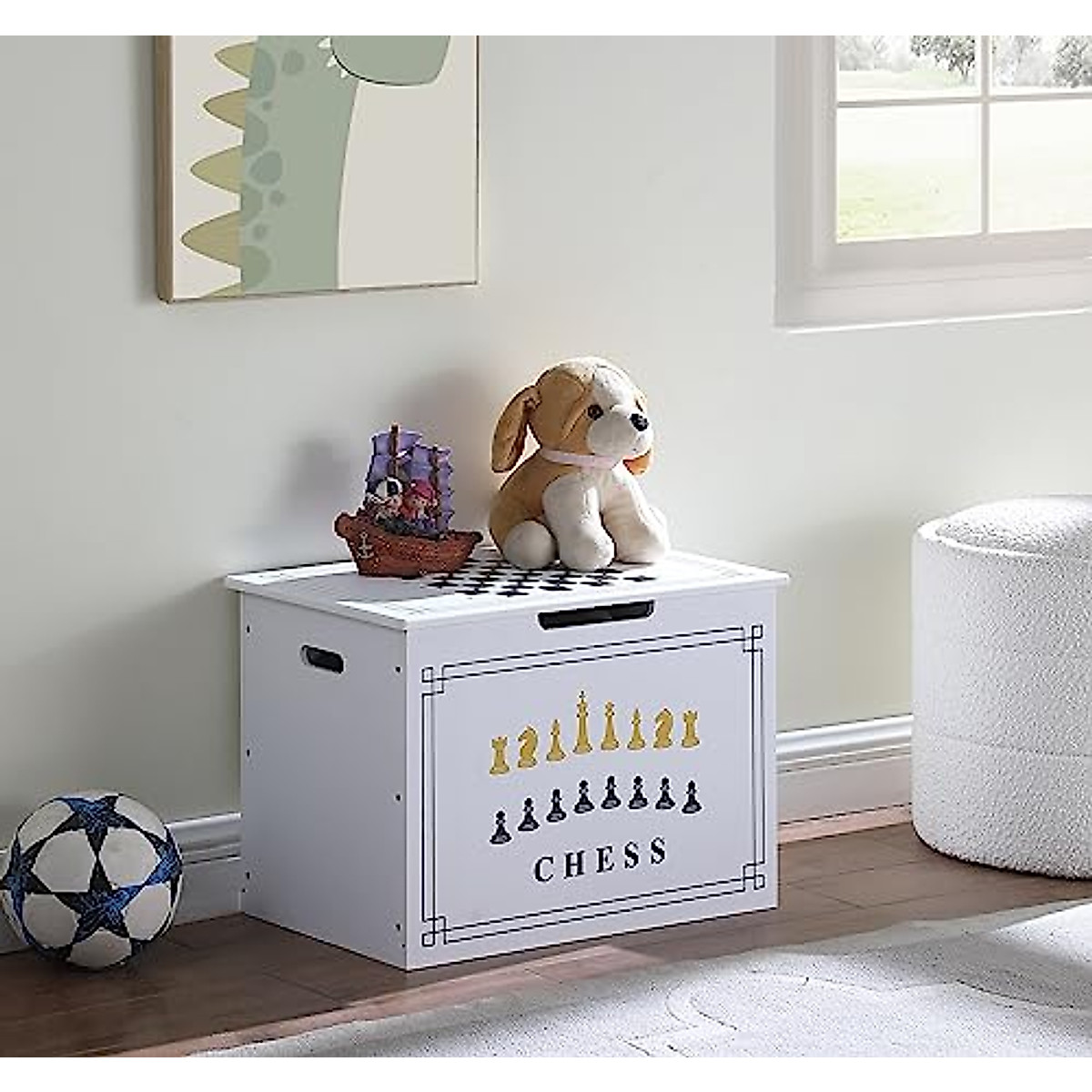 Wooden Toy Box and Storage Chest with Chess and Safety Hinge for Kids and Babies – Girls and Boys - White