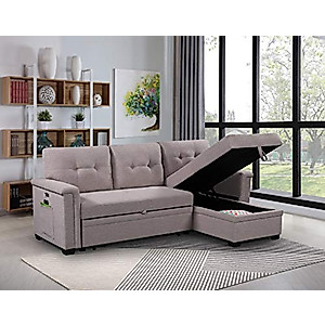 FurniFusion 84'' L-Shape Convertible Sleeper Sectional Sofa with Storage Chaise and Pull-Out Bed, Linen Upholstered Reversible Corner Couch w/USB Charger Ports and Pocket, Light Gray, 84 Inch