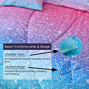 JQinHome Glitter Comforter Set Twin Size,6 Piece Bed in A Bag 3D Colorful Duvet Pink Blue Bedding Sets for Girls Kids - (1 Comforter,2 Pillowcases, 1 Flat Sheet, 1 Fitted Sheet, 1 Cushion Cover)