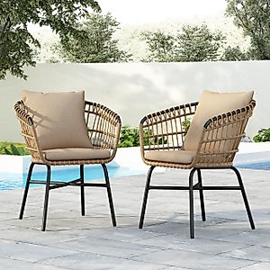 Merax Outdoor Patio Chair Set of 2 with Cushions Modern Armchair with Weatherproof Aluminum and PE Rattan Material for Gardens, Lawns, Balconies, Poolsides, 2-Pcs, Beige + Black