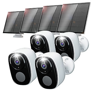Rraycom 4pc Solar Security Cameras Wireless Outdoor, 2K Battery Powered Security Cameras, WiFi Security Cameras for Home Outside, Color Night Vision, AI Motion Detection, 2-Way Audio, IP65, SD/Cloud