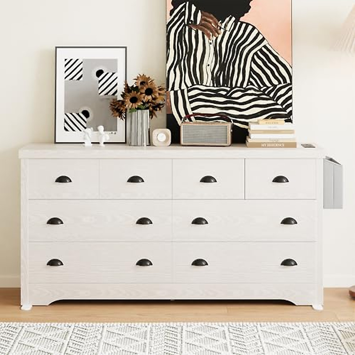 LIKIMIO Dresser 8 Drawer, Modern Wood Bedroom Dresser with with Charging Station and Storage Bag, Storage Chest of Drawers for Living Room Hallway Entryway, White