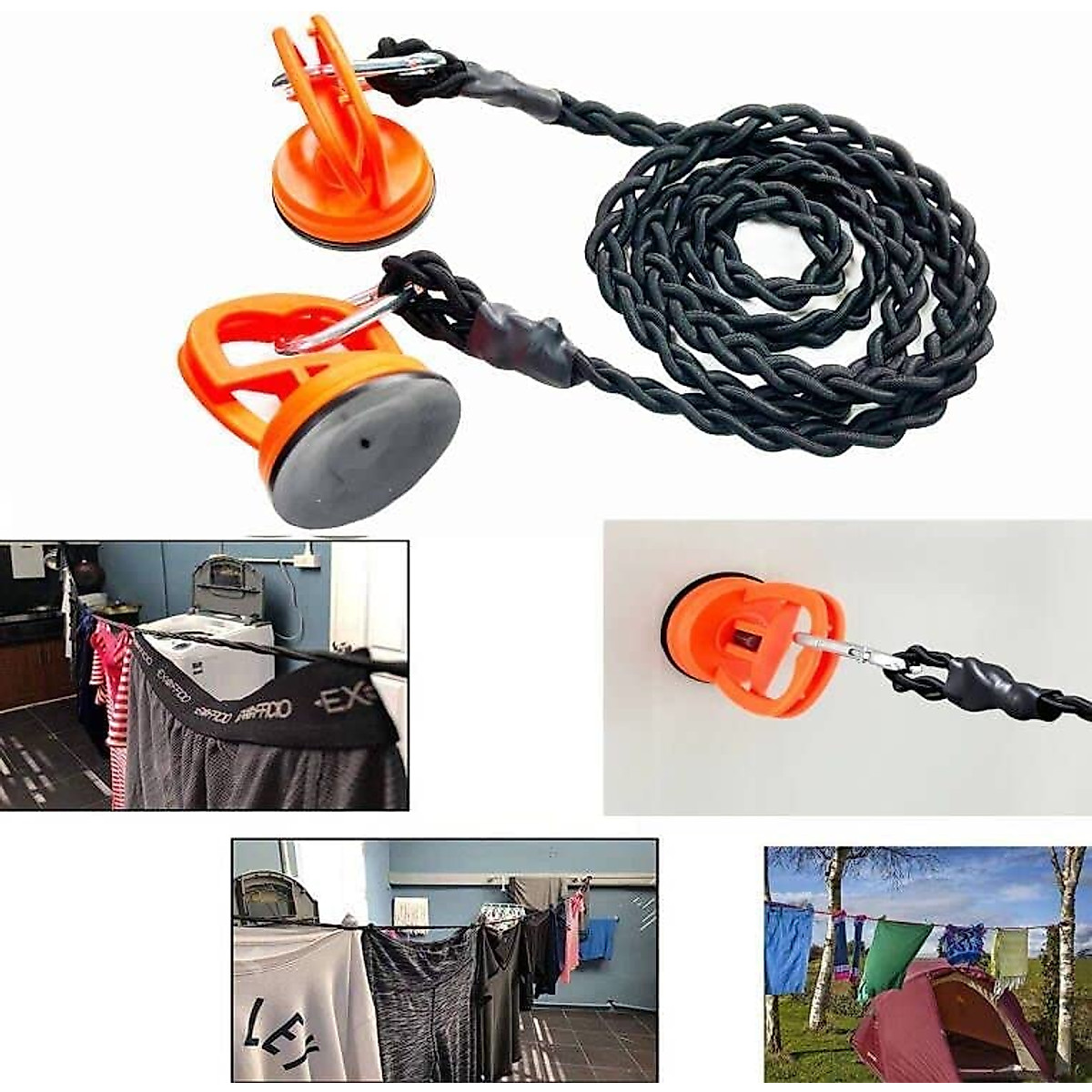 Braided Elastic Cord Travel Clothesline Travel Bungee Cord Laundry Clothesline (with 2 Strong Suction Cups) - Secures to Wall or Tile with Extra Large Suction Cups | Secures to Tree or on a Pole