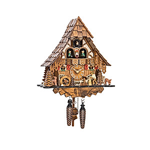 Engstler Quartz Cuckoo Clock Black Forest house with moving wood chopper and mill wheel, with music EN 4661 QMT
