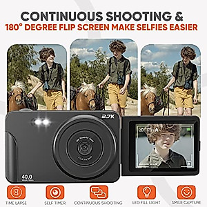 ESOXOFFORE Digital Camera for Teens,2.7K 40MP Autofocus Vlogging Camera with 180 Degree Flip Screen,16X Digital Zoom Compact Portable Video Camera for 8-15 Year Old Kids Student Boys Girls (Black)