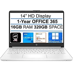 2022 Newest HP Stream 14" HD Laptop, Intel Celeron N4020(up to 2.8GHz), 16GB RAM, 320GB Space(64GB eMMC+256GB Card), 1-Year Office 365, WiFi, HDMI, USB-C, Webcam, Bluetooth, Windows 11S, White+JVQ MP