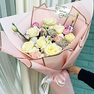 Yoqipati 20 Sheets Flower Wrapping Paper, 22.8x22.8 Inch Waterproof Floral Bouquet Wrapping Paper with Ribbon and Gift Cards for Valentine's Day Wedding Birthday DIY Crafts Gift(Pink)