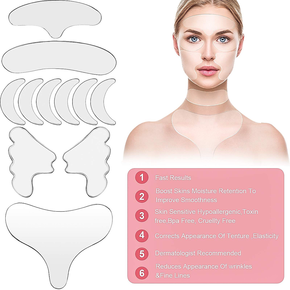 SATINIOR 11 Pieces Reusable Silicone Chest Wrinkle Pads Patches, Silicone Neck Decollete Anti Wrinkle Patches Pad Forehead Face Cleavage Eye Cheek Stick Valentine's Day Gift