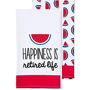 Pavilion Gift Company Pink Watermelon Patterned Tea Towel Set of 2 Happiness is Retire Life, 19.75 x 27.5 inch