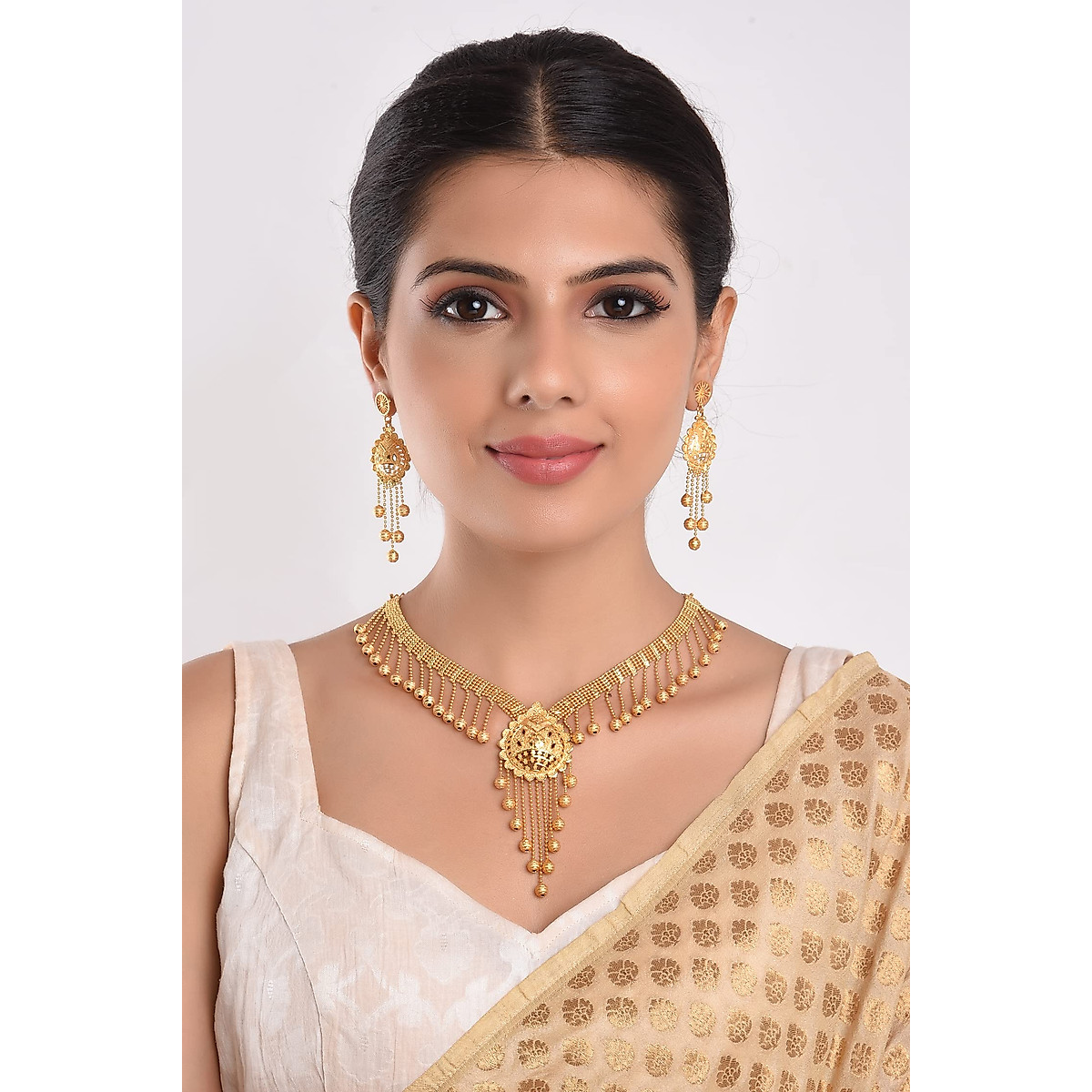 Efulgenz Indian Style Bollywood Fashion Gold Tone Wedding Bridal Pendant Locket Tassel Choker Collar Necklace Earrings Jewelry Set gold