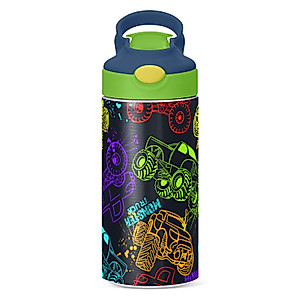 Sletend Colorful Monster Truck Kids Water Bottle,12Oz BPA-Free Vacuum Insulated Stainless Steel Water Bottle Leak Proof & Lightwieght for Boys Girls