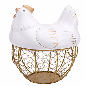 LIFKOME Chicken Egg Basket Metal Wire Egg Storage Basket with Ceramic Farm Chicken Lids for Gathering Fresh Eggs Chicken Egg Holders Egg Storage Container for Countertop, Kitchen