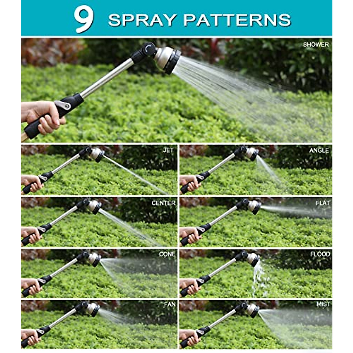 ESOW Garden Hose Wand 16 Inches, Watering Sprayer Wand with 9 Watering Patterns, 180° Adjustable Swivel Head, 100% Heavy Duty Metal Hose Nozzle, Thumb Control On Off Valve