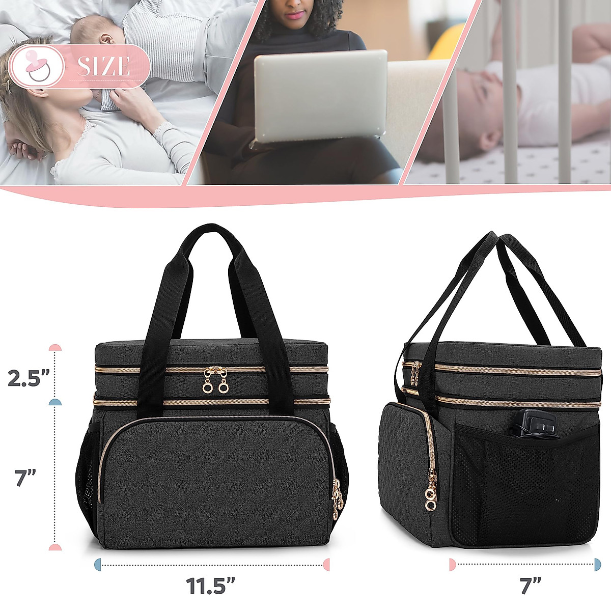 Luxja Double Layer Breast Pump Bag Compatible with Spectra S1 and S2, Pump Bag for Breast Pump and Extra Parts, Bag Only, Black