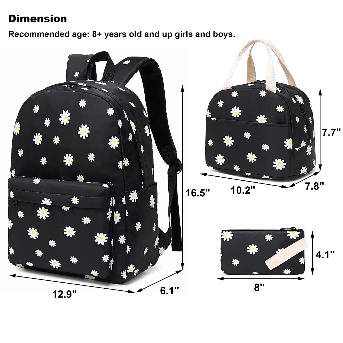 Mimfutu School Backpack for Teen Girls, 3-in-1 Kids Backpack Bookbag Set School Bags with Lunch Box Pencil Case (Flowers Black)