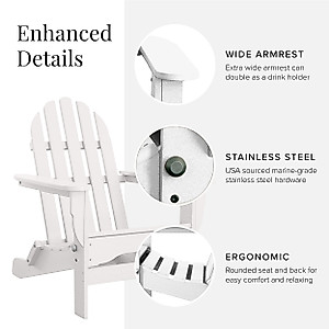 DuroGreen Folding Adirondack Chairs Made with All-Weather Tangentwood, Set of 2, Oversized, High End Patio Furniture for Porch, Lawn, Deck, or Fire Pit, No Maintenance, USA Made, White