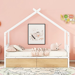 Metal House Bed for Kids, Twin Size Bed Frame with Storage Drawers and Slats, Kids Bed Frame with Headboard and Footboard, Twin Size House Bed for Kids, Girls, Boys(Twin White)