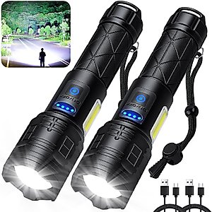 Kmivo Rechargeable LED Flashlights High Lumens 2 Pack, 900000 Lumen Super Bright Flashlight with USB Cable, 7 Modes Powerful Flashlight Waterproof Flash Light for Home Emergencies Camping