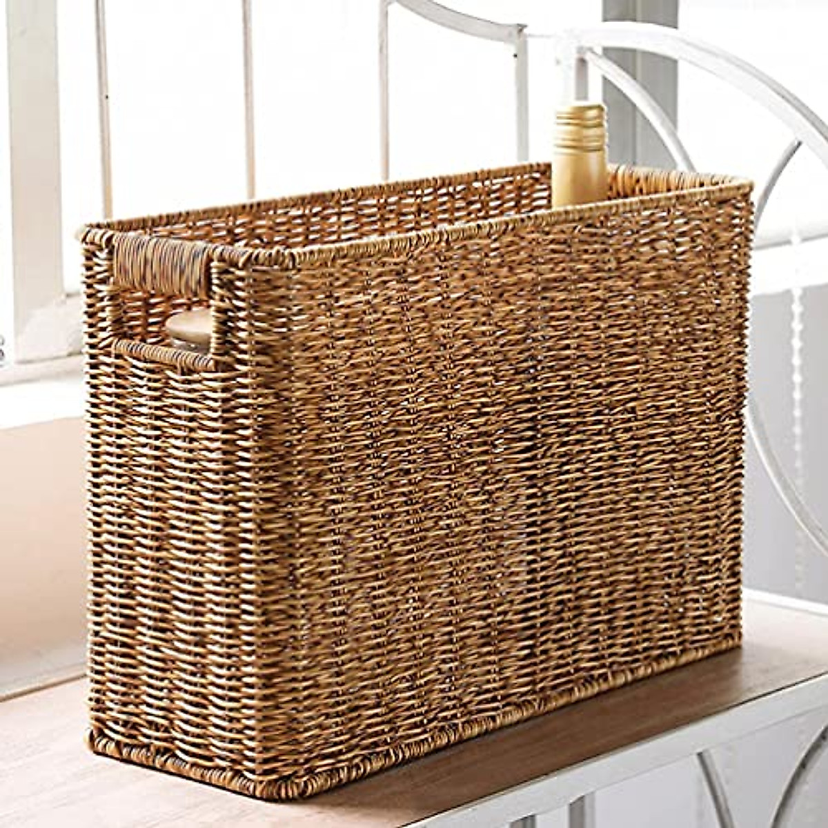 Ipetboom Magazine Wicker Basket Rectangular Basket Bins Woven Files Holder Rectangular Basket Bin Books Organizer Case Farmhouse Standing Rack for Shelf Home Office Brown