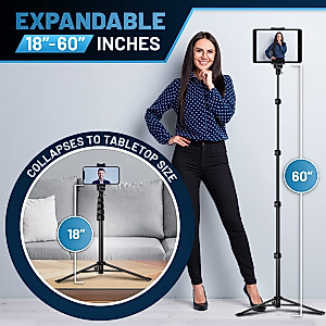 Texlar 60" Phone Tripod Stand for iPhone and iPad - Includes Wireless Remote, Cell Phone and Tablet Holders - for Camera Video Recording, Travel - T60 Pro Selfie Stick Tripod