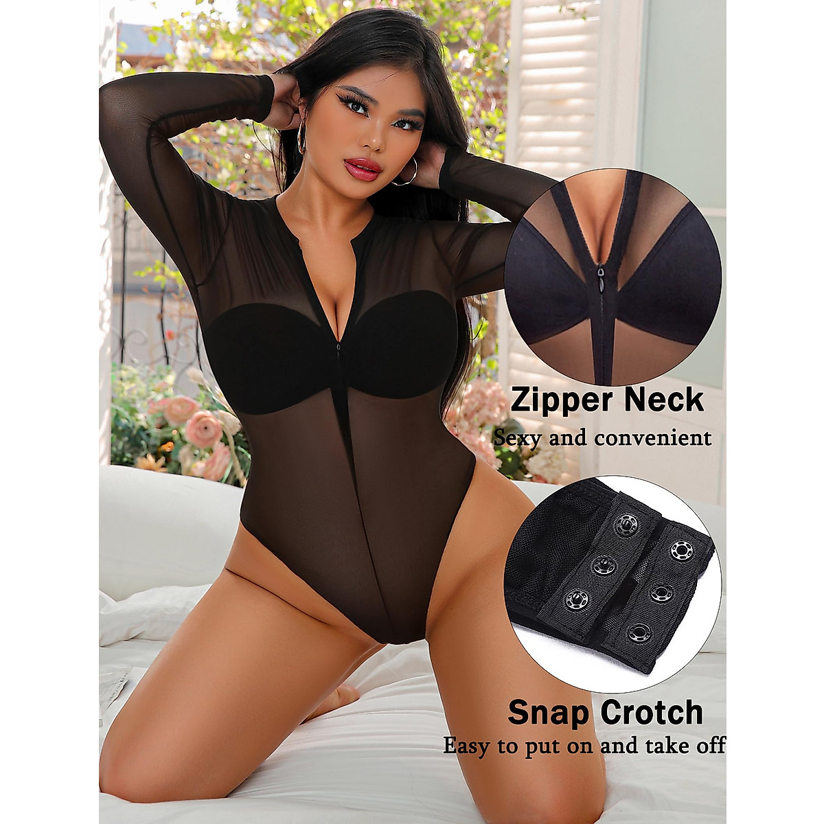 Avidlove Women's Sexy Mesh Long Sleeve Bodysuit Tops Sheer See Through Zipper Leotard Clubwear with Snap Crotch Black L