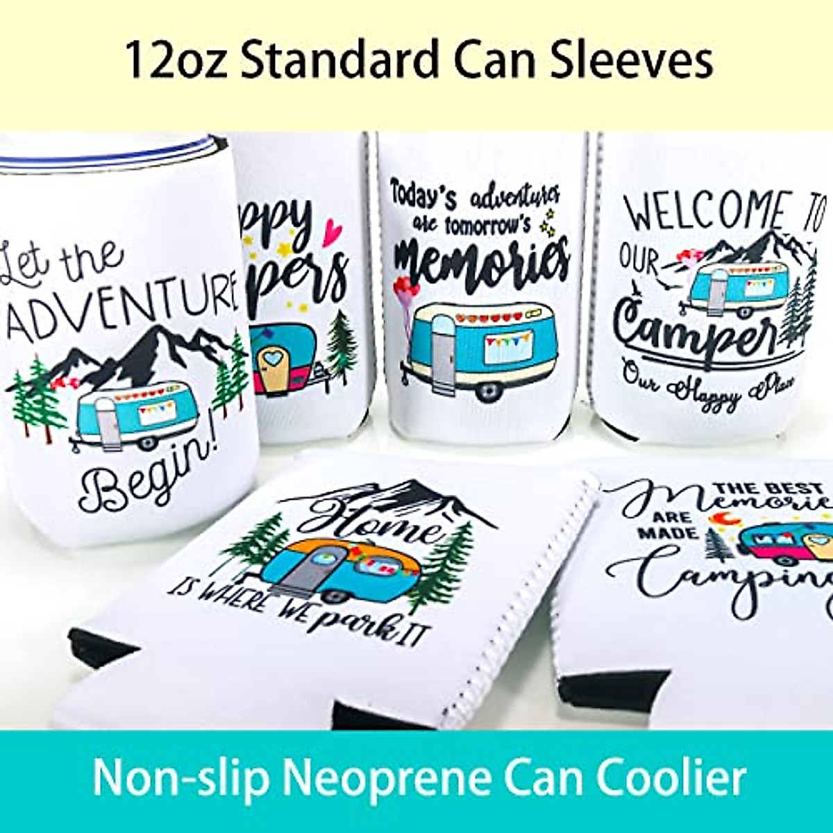 Set of 6 Camping Can Sleeves for Camper, Camper Decor Gifts for Camper, Soda Beer Beverage Camper Can Cooler for Camping Picnic Outdoor Accessories