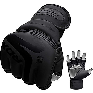 RDX MMA Gloves Noir, Maya Hide Leather, Ventilated Open D-Cut Palm, Padded Grappling Sparring Mitts, Cage Fighting Kickboxing Mixed Martial Arts Muay Thai Training, Punching Bag Pads Workout, Black