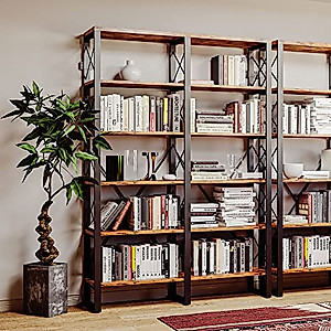 IRONCK Bookshelf Double Wide 6-Tier 76" H, Open Large Bookcase, Industrial Style Shelves, Wood and Metal Bookshelves for Home Office, Easy Assembly