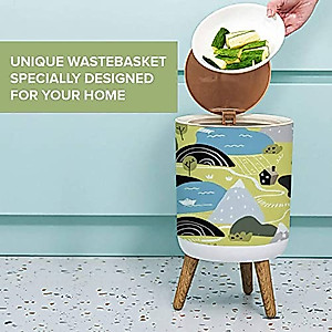 PHAIBHKERP Small Trash Can with Lid Scandinavian Graphic Seamless with housetrees and Garbage Bin Round Waste Bin Press Cover Dog Proof Wastebasket for Kitchen Bathroom Living Room 1.8 Gallon