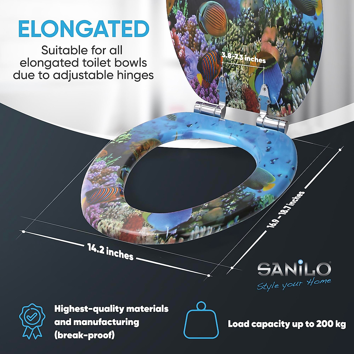 Sanilo Soft Close Toilet Seat ELONGATED, Quiet and Slow Close Lid and Seat, Strong Bumpers and Hinges, Ocean