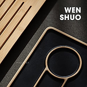 Ceramic Tea Tray, Double-Layer Bamboo Tray, for Tea Table (Rectangle, Black)