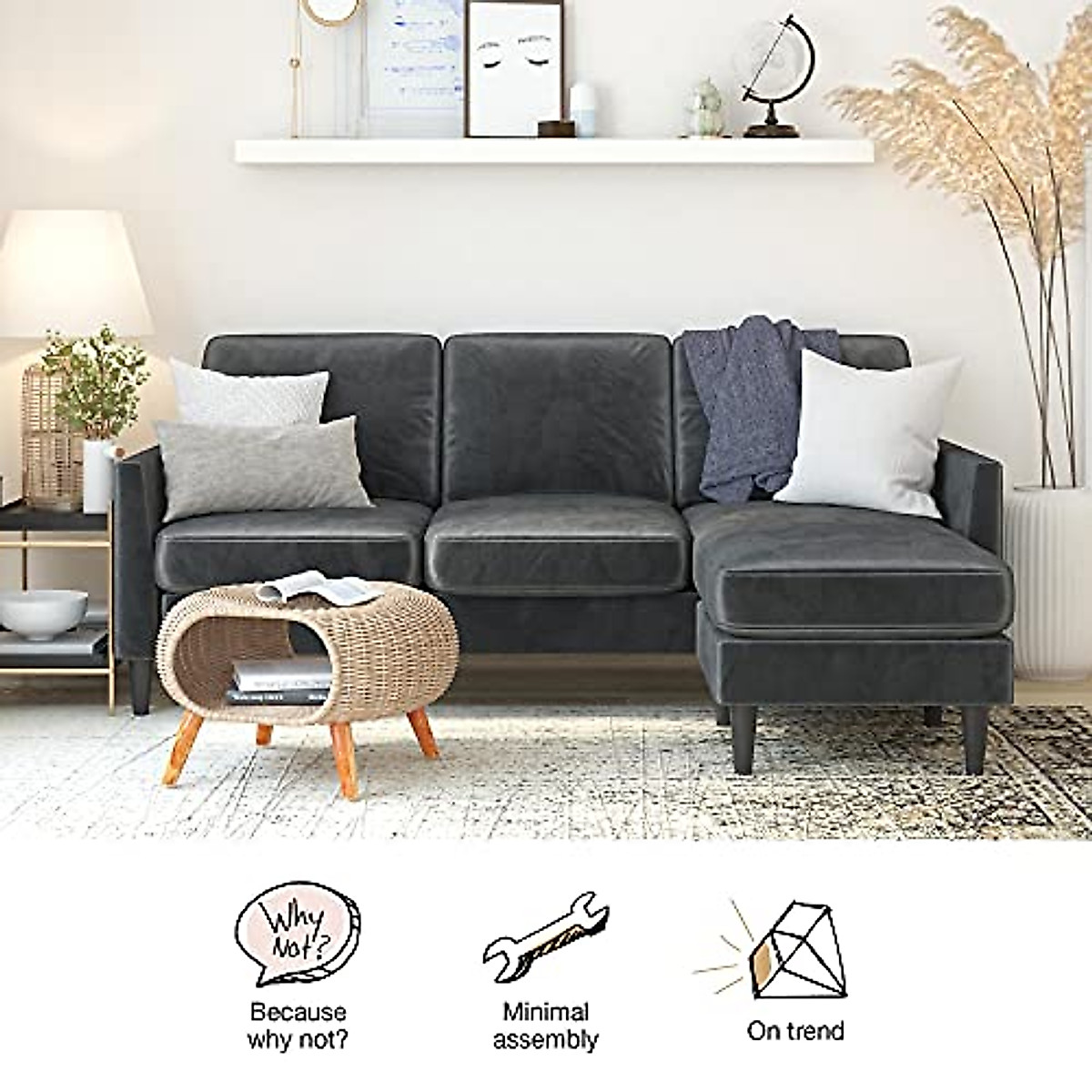 Mr. Kate Winston Reversible Sofa Sectional, Dark Gray Velvet