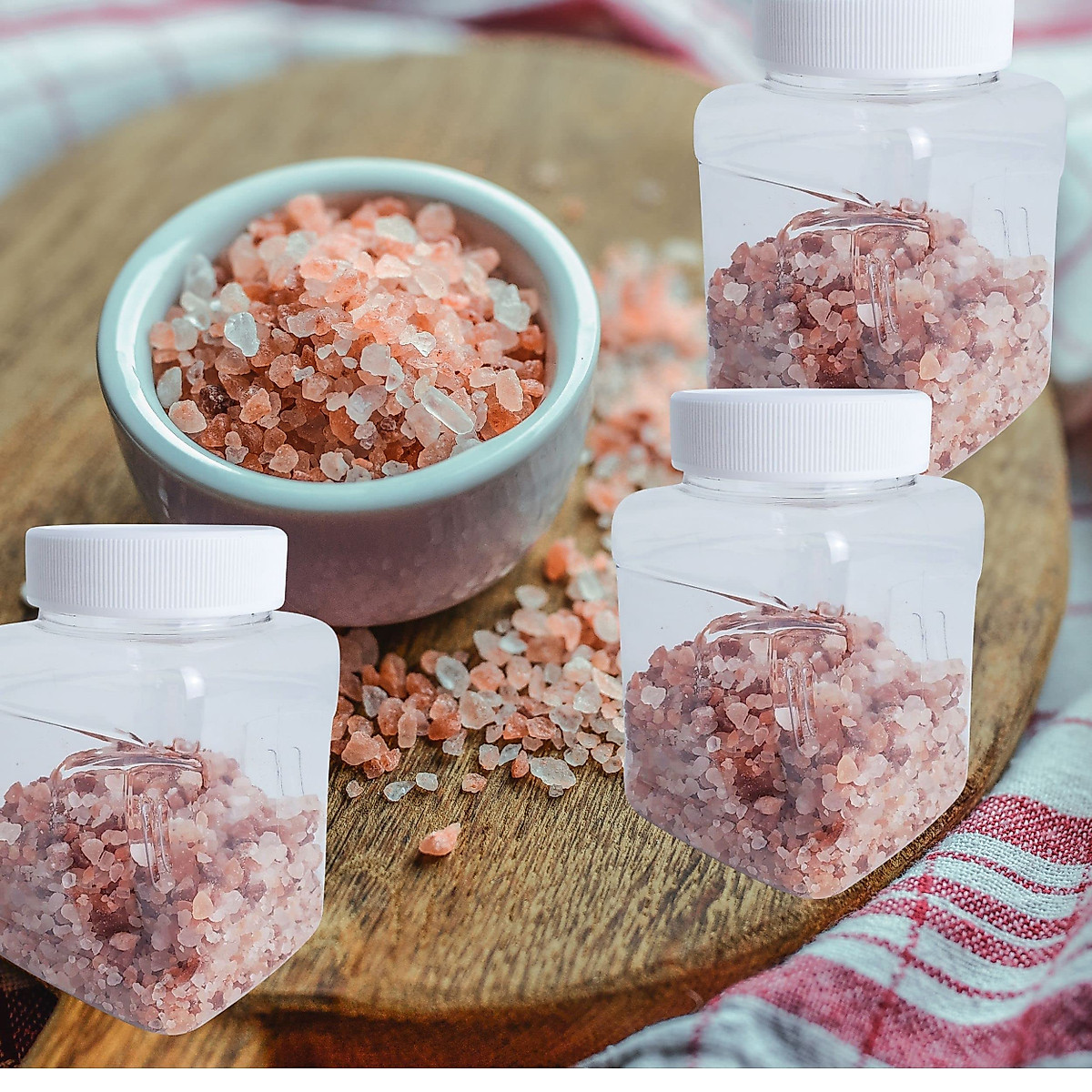 kelkaa 16oz Clear PET Plastic Square Wide Mouth Jars with Grip Handle and White Ribbed Lined Caps, BPA Free, Multi-Use Empty Containers, 63mm/400, Made in the USA (Pack of 6)