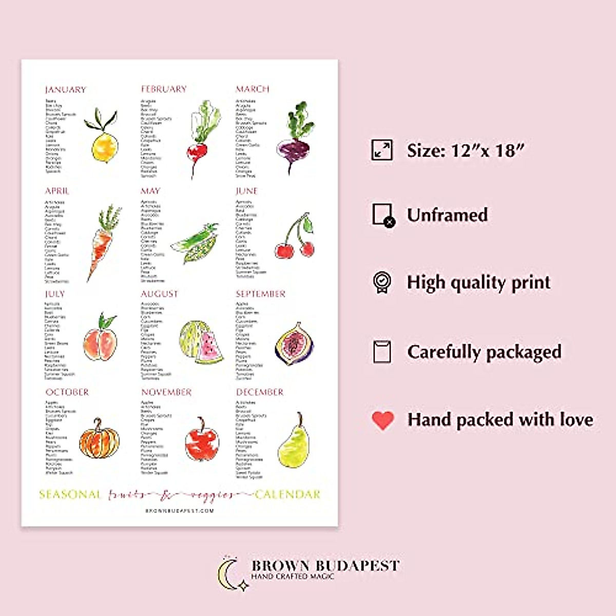 Seasonal Fruit and Vegetable Calendar print of original watercolor art - 12"x18" - unframed - Kitchen Decor, Dining Room Wall Art, Health Poster for Classroom