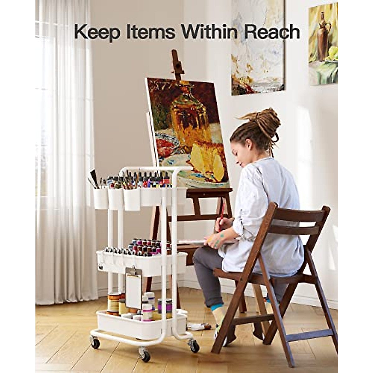 Pipishell 3-Tier Rolling Cart with Wheels - Rolling Storage Cart with Hanging Cups & Hooks - Mobile Utility Cart for Office, Kitchen, Craft Room - Art & Craft Organizer (White, PIUC06W)"