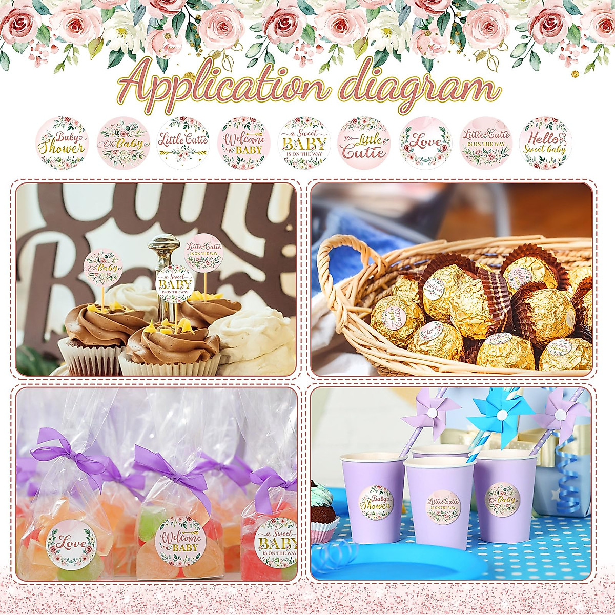 Colarr 504 Pcs Floral Baby Shower Favors Stickers Pink Floral Baby Shower Label Stickers Baby Shower Kisses Stickers Little Cutie Baby Shower Sticker Decoration for Baby Shower Sprinkle Birthday Party