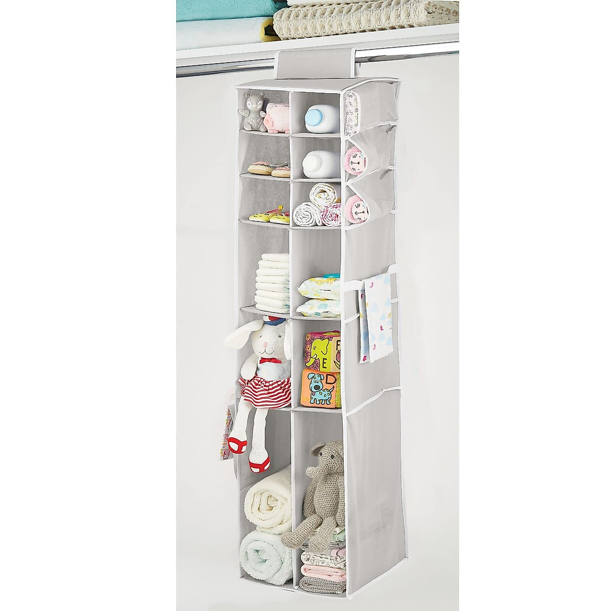 mDesign Long Fabric Hanging Organizer, Over Closet Rod Storage, 12 Shelves/Side Pockets for Nursery Bedroom Organization - Hold Clothes, Linens, Toys, Accessories - Jane Collection - Light Gray/White