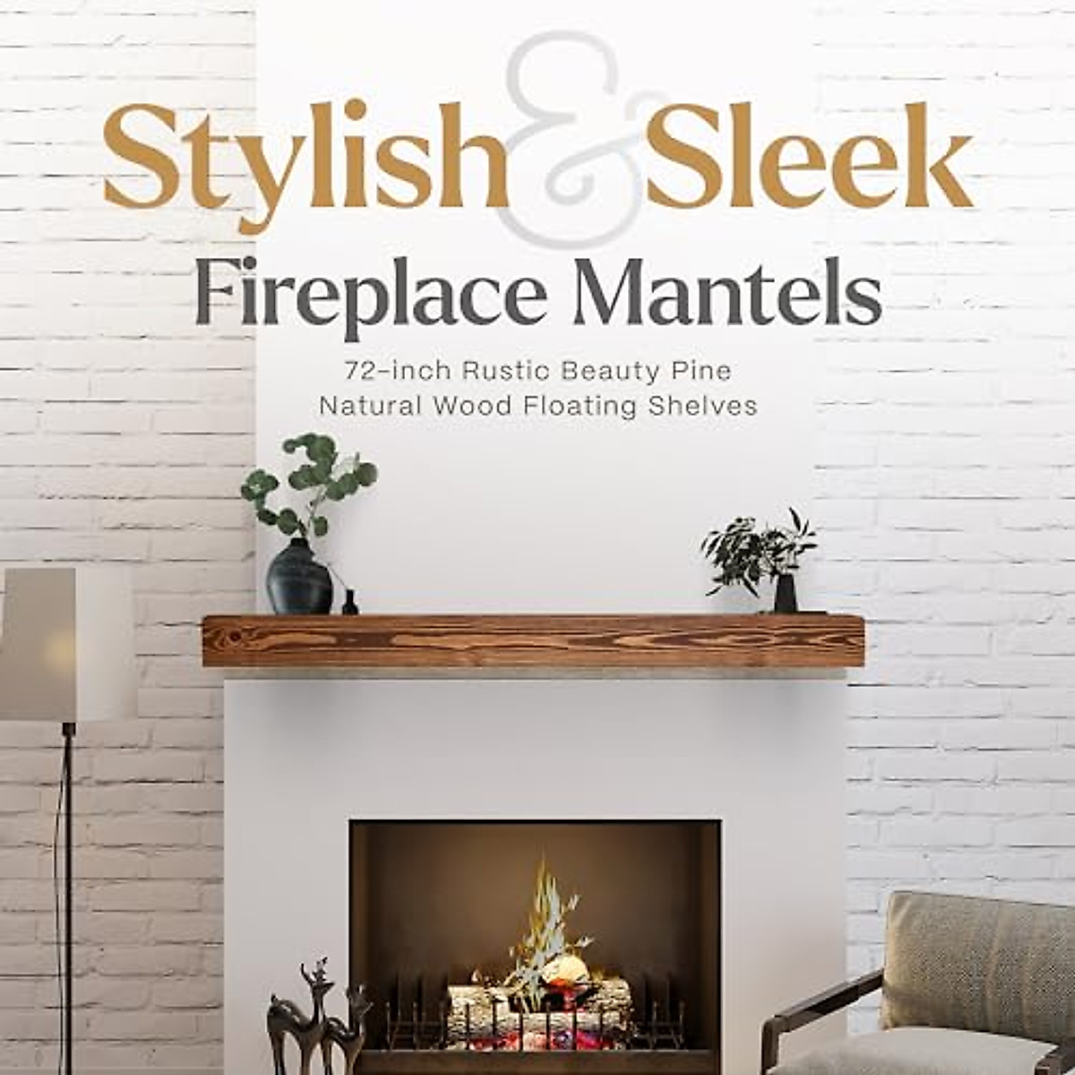 Fireplace Mantel, Natural Wood Floating Shelves, Easy to Install Rustic Shelving, Water-Based Paint, 72 Inch, Aged Oak - Luxe Shelf Group