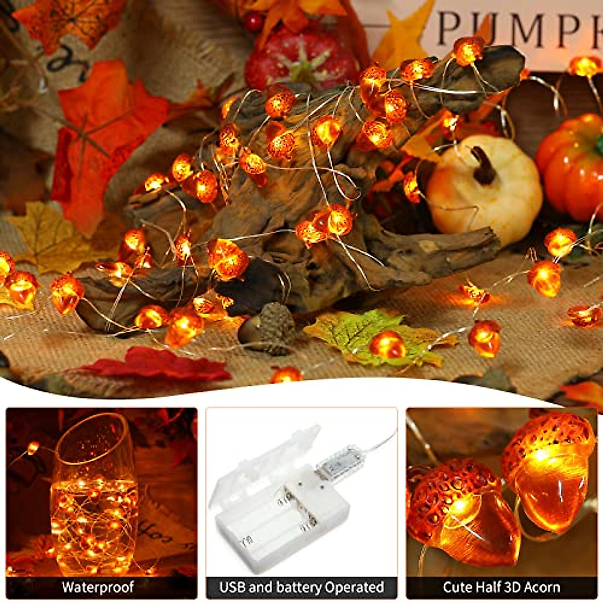 Mudder Acorn Valentine's Day Heart String Lights Decor 16.4FT 50 LEDs Heart Fairy Light Battery and USB Powered with Remote for Indoor Outdoor Wedding Party(Acorn,White)