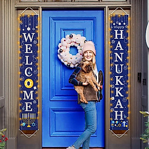 Hanukkah Door Decoration Banner with String Light, 72''x12'' Hanukkah Front Door Porch Sign Welcome and Happy Hanukkah Chanukah Home Decorations Party Supplies (NO BATTERY)