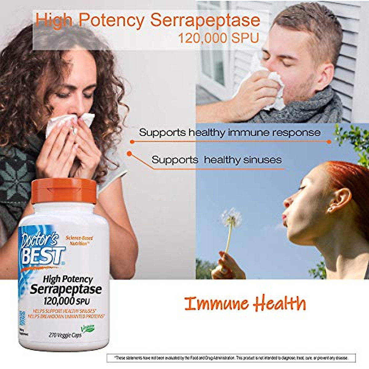 Doctor's Best High Potency Serrapeptase, Non-GMO, Gluten Free, Vegan, Supports Healthy Sinuses, 120,000 SPU, 90 Count