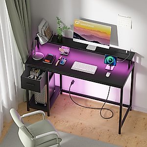 GreenForest Gaming Desk 47 Inch with LED Lights and Monitor Stand, Computer Desk with Drawer for Small Spaces, Office Desk with Power Outlets and Shelf, Black