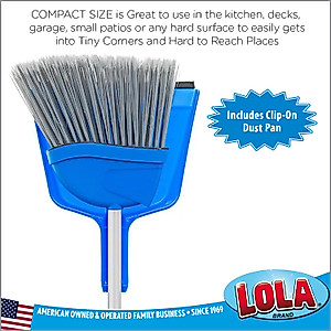 Angle Broom w/Dustpan, Indoor, 9.25" W Head, Smaller Style- Made w/Recycled Soda Bottle Bristles & Polished Aluminum Lightweight 48" L Handle, Includes Swivel Hang Cap for Storage, by LOLA- 1 Pack