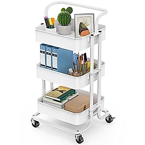 Totnz Rolling Utility Cart, 3-Tier Mesh Organization Cart with Lockable Wheels, Multi-Functional Storage Trolley for Office, Living Room, Kitchen, Laundry, Bathroom Storage, White (TZUC01W)