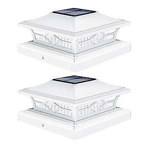 VOLISUN Solar Post Cap Lights: 2 - Pack Outdoor Post Light for White/Black 4x4 Vinyl Fence Deck - Dock 4x4/6x6 Wooden Post 2 Color Modes Waterproof Warm White